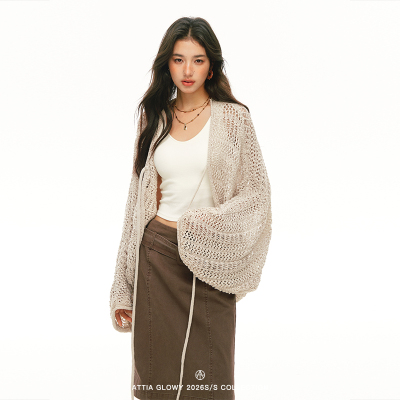 ATTIA GLOWY 轻盈透气手工带子纱针织开衫薄外套女夏镂空廓形罩衫