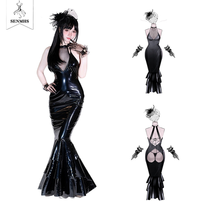 SENMHS原创人鱼公主漆皮cos二次元角色扮演旗袍暗黑露背新娘长裙