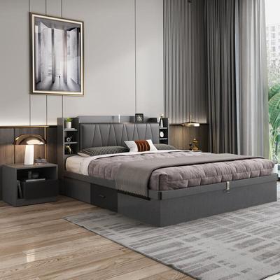 现代北欧板式实木床多功能榻榻米抽屉高箱储物床主卧软靠皮床婚床