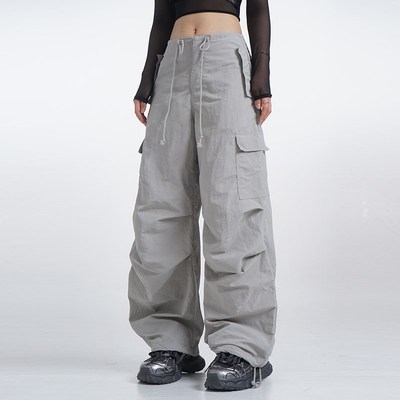 速发秋isa演干会工装裤子春l抽绳灰色速唱运动裤垂感阔腿休闲裤