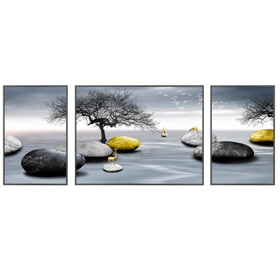 速发石背运转客厅装饰画沙发景景墙山水风来挂画轻奢大气三联壁画