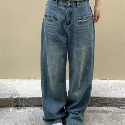 LIFEASAM 做旧复古水洗插袋设计直筒牛仔裤男女宽松拖地阔腿长裤