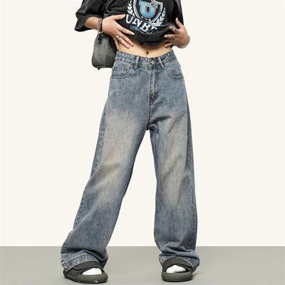 0123Start 做旧宽松vintage老爹牛仔裤男女直筒显瘦拖地休闲裤子