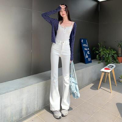 HLOU2025年春季新款白色知识分子风微喇叭牛仔裤舒适弹力马蹄裤子