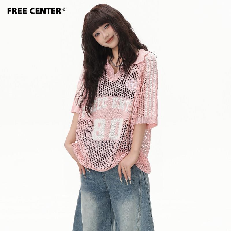 Free Center夏季凉感镂空网眼polo衫男女美式运动风宽松翻领短袖
