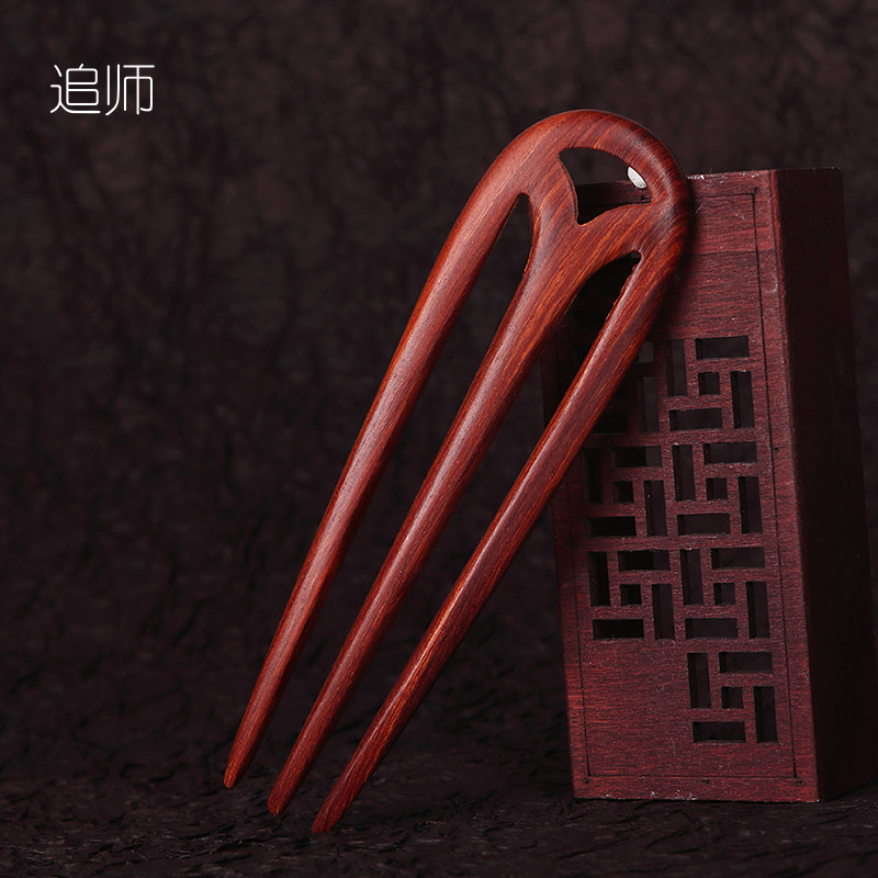 新品发圈发网简约现代檀木三w叉钗黑檀红檀绿檀木簪子日常挽发盘