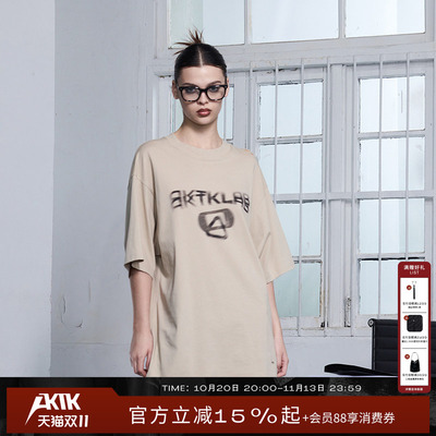 AKTK 圆领宽松印花破洞小众设计感Logo印花短袖女t恤夏