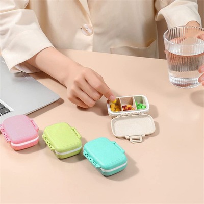 跨境小麦秸秆三格小药盒便携迷你