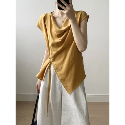 荡领天丝衬衫女收腰系带开叉袖