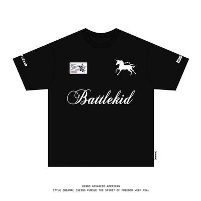 KINDD美式复古小马印花短袖高街星条旗帜梵文T恤宽松情侣款半袖