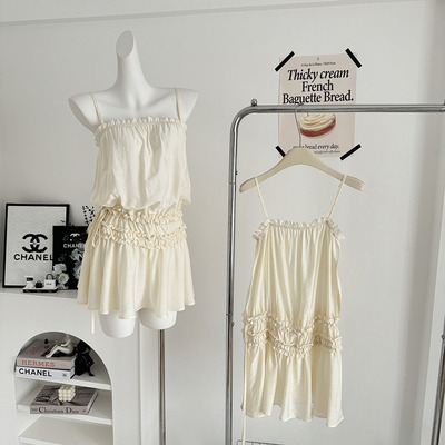 im向 露思同款! 莱赛尔立体抽皱木耳边吊带裙温柔垂感微A连衣裙