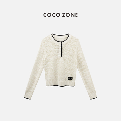 COCO ZONE 刘112025春季小香风圆领镂空针织衫长袖显瘦上衣女