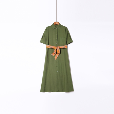 棉麻混纺翻领衬衫连衣裙