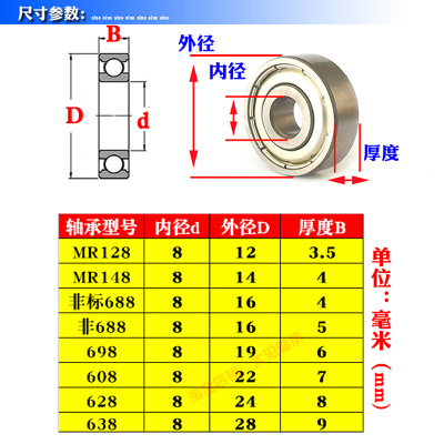 。微型深沟球小轴承MR128 MR148 688 698 608 628 638ZZ RS内径8m