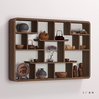 博古架挂墙多宝阁实木中式茶架壁挂式置物架墙上壁挂茶具茶杯茶壶