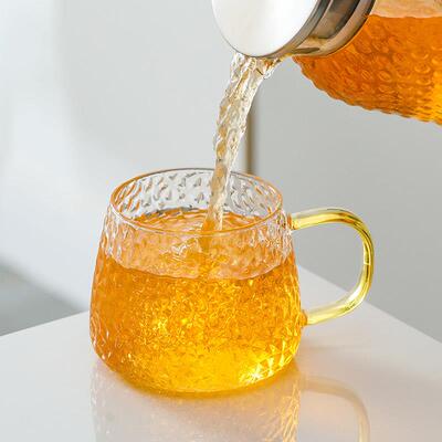 苏氏六陶瓷 锤纹水杯带把泡茶杯系彩杯柄玻璃色简约菠LBB萝森450m