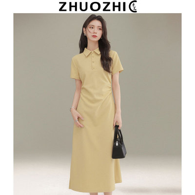 卓芝简约收腰裙纯色polo领连衣裙