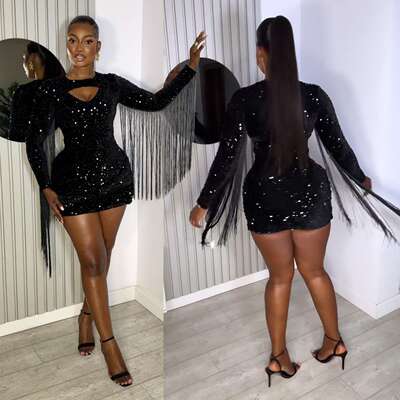 2024C6611欧美时尚女装纯色珠片流苏长袖短裙连衣裙women clothes