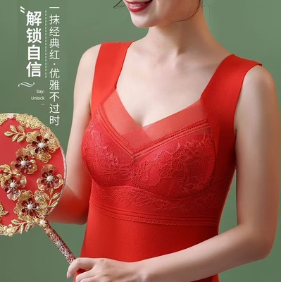 9904秋冬美背内衣新品蕾丝保暖固定杯保暖无袖发热长版修身打底
