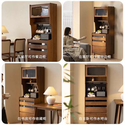 实木餐边柜柜窄黑胡桃酒边厨房一体靠墙柜置RQZ物柜客型厅收纳储