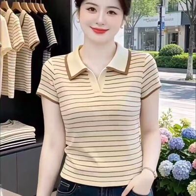 时尚条纹休闲上衣宽松POLO衫