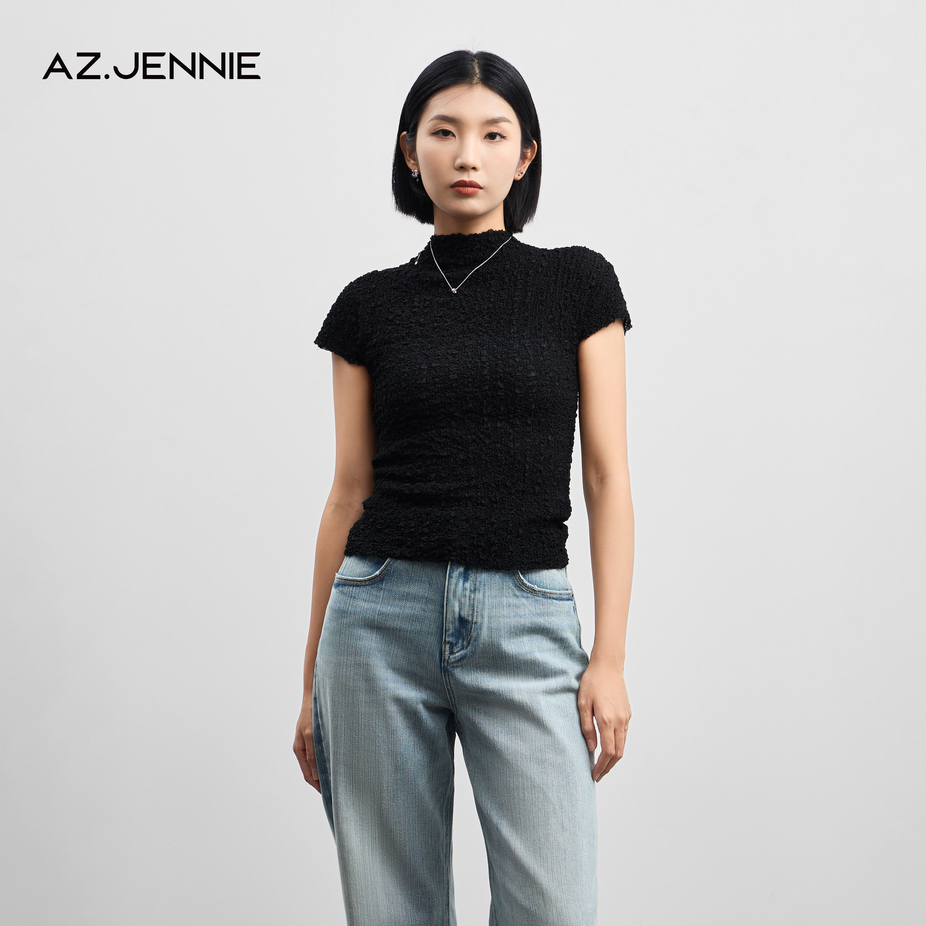 RUJING丨顶奢97.3%桑蚕丝弹力褶皱上衣2025夏季女士简约短袖T恤