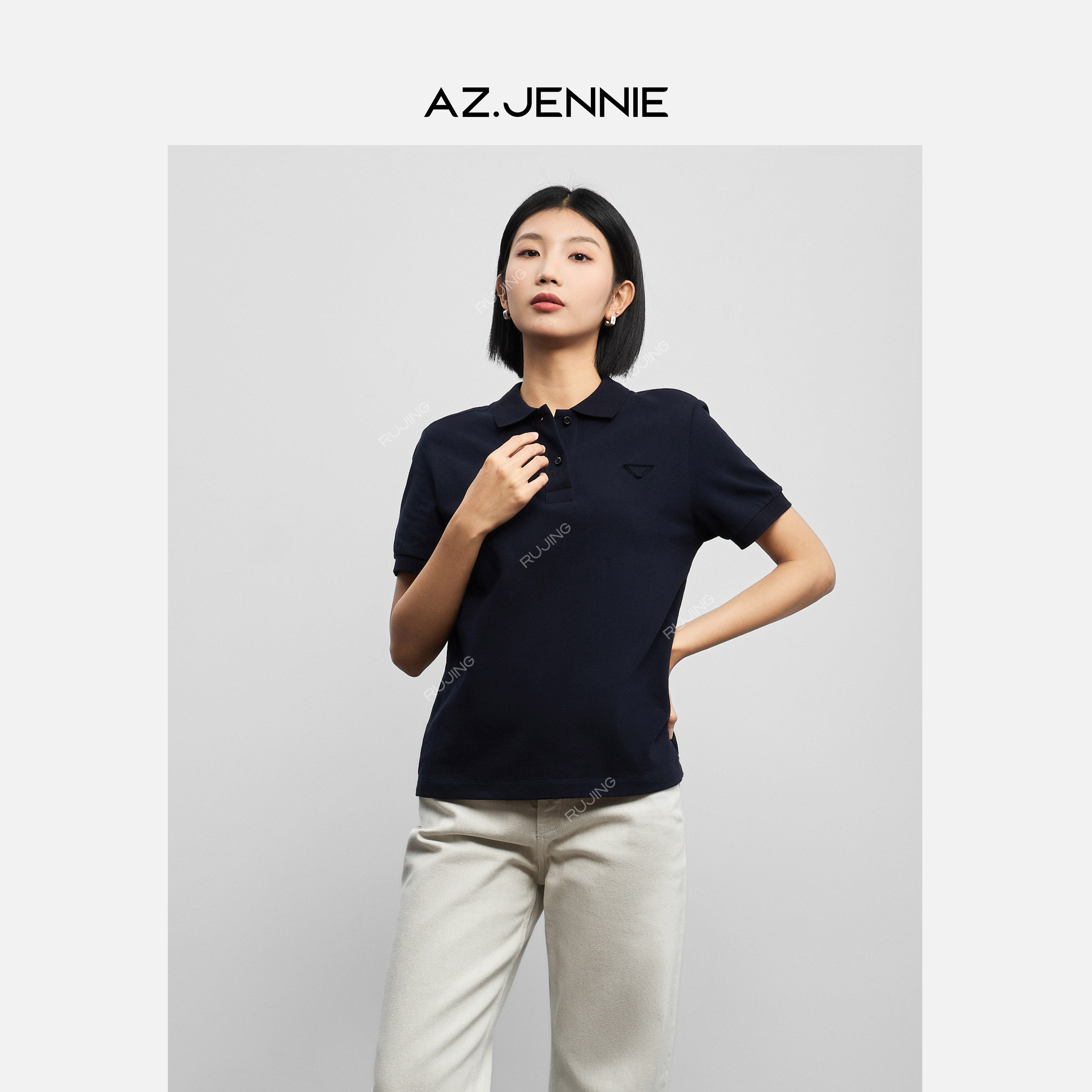 RUJING丨顶奢 100%珠地棉POLO衫女2026夏舒适肌理感三角标短袖