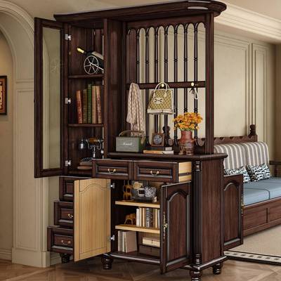 中古风实木屏风柜入户玄关黑对胡桃酒柜门客YPJ厅沙发隔木断储正