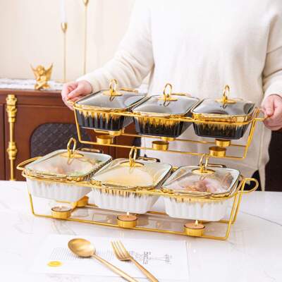 casserole三格金色架子大理石纹陶瓷烤盘pot 3 pcs bake ware