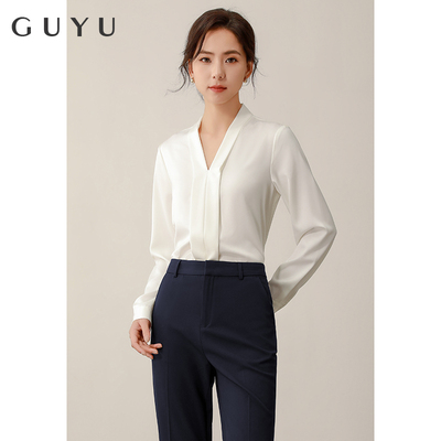 速发白色V领长袖正秋高业感内搭面试上衣职级春装衬衣