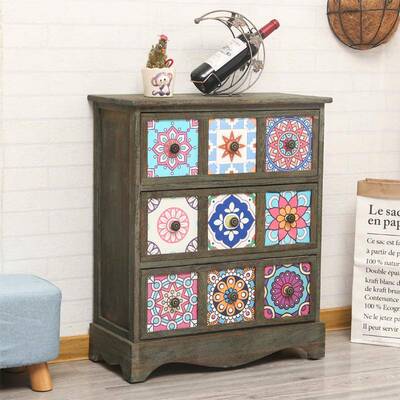 跨境田园复古储物式柜实木彩45252绘斗美抽屉式收柜民宿置柜物餐