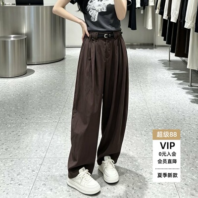 高腰阔腿垂感显瘦棕色休闲长裤女