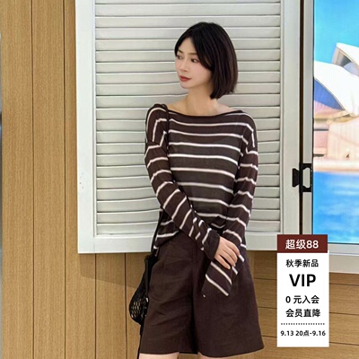 条纹针织衫女长袖圆领套头衫