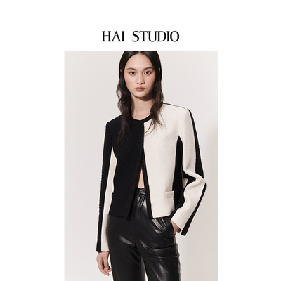 HAI STUDIO秋冬女士黑白拼接短外套 长袖修身短夹克小众设计师