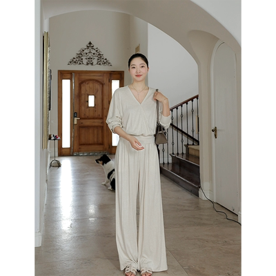 郭九九呢慵懒交叉V领收腰显瘦上衣百搭垂垂裤阔腿裤 G926A00200