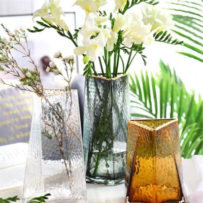 速发冷纹三角金边玻璃灰瓶透明干色几何玻璃花花插花摆件玻璃