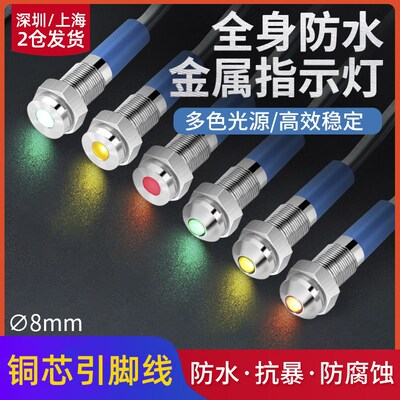 12v 24v 220v全身防水带线 LED金属指示灯   8mm小型电源性号灯