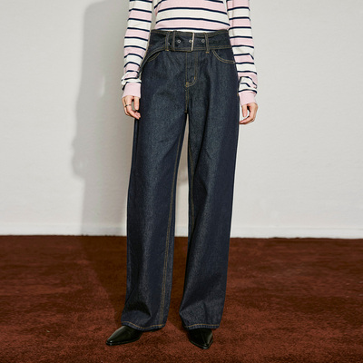 希凯驰25秋牛仔裤女牛仔蓝直筒同色腰带31627Q1N1001