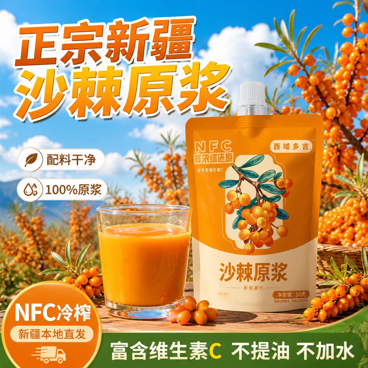 新疆特产新疆沙棘原浆沙棘果汁沙棘汁NFC冷榨富含维生素C鲜果鲜榨