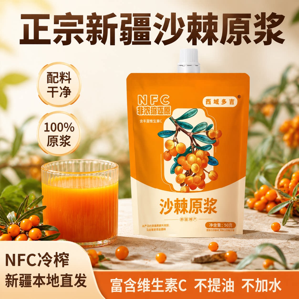 新疆特产新疆沙棘原浆沙棘果汁沙棘汁NFC冷榨富含维生素C鲜果鲜榨