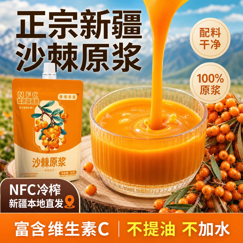 新疆特产新疆沙棘原浆沙棘果汁沙棘汁NFC冷榨富含维生素C鲜果鲜榨