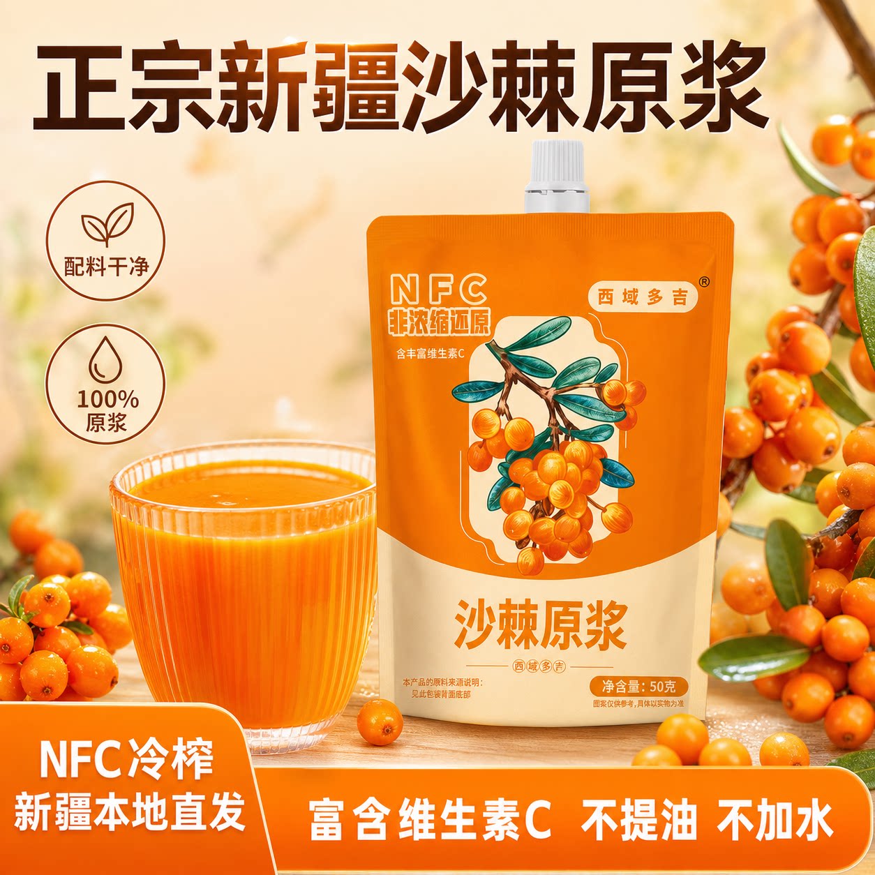 新疆特产新疆沙棘原浆沙棘果汁沙棘汁NFC冷榨富含维生素C鲜果鲜榨