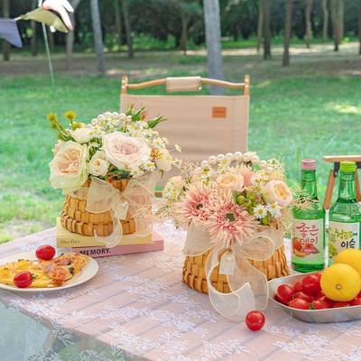 野餐露营拍照道具编织花篮花艺假花仿真花插花摆件装饰花人造花