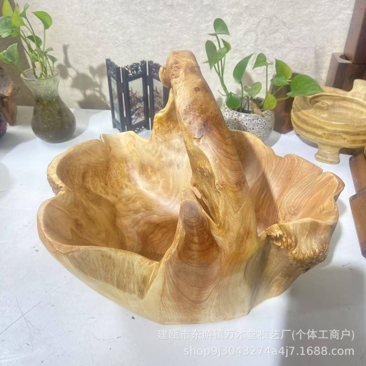木果篮果盘创意客厅时尚木制提手花篮果盆根雕实木水果篮根雕摆件