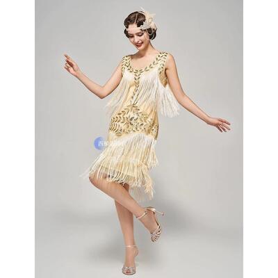 欧美1920覆古盖茨比舞会礼服舞裙圆领亮片珠绣流苏洋装背心大尺码