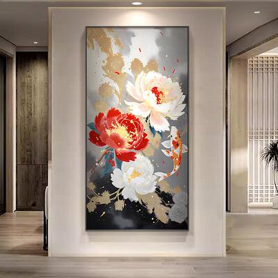 2024新款玄关画水饰画新牡装丹金鱼图墨画挂VHX画中式入户正对门