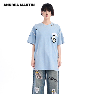 【武艺同款】ANDREA MARTIN新款短袖T恤水洗钩织破洞圆领宽松
