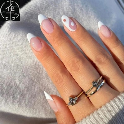 24pcs/box Press On Nails Almond Tai Chi White and Black Wear