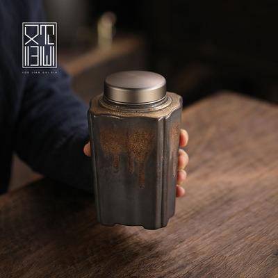 仿古鎏金手工装茶叶罐陶瓷粗陶密封罐大号马口铁锈釉储罐礼品礼品