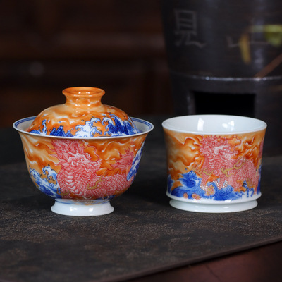 手绘青花矾红描金麒麟踏浪二才盖碗主人杯仿古手工陶瓷高端品茗杯